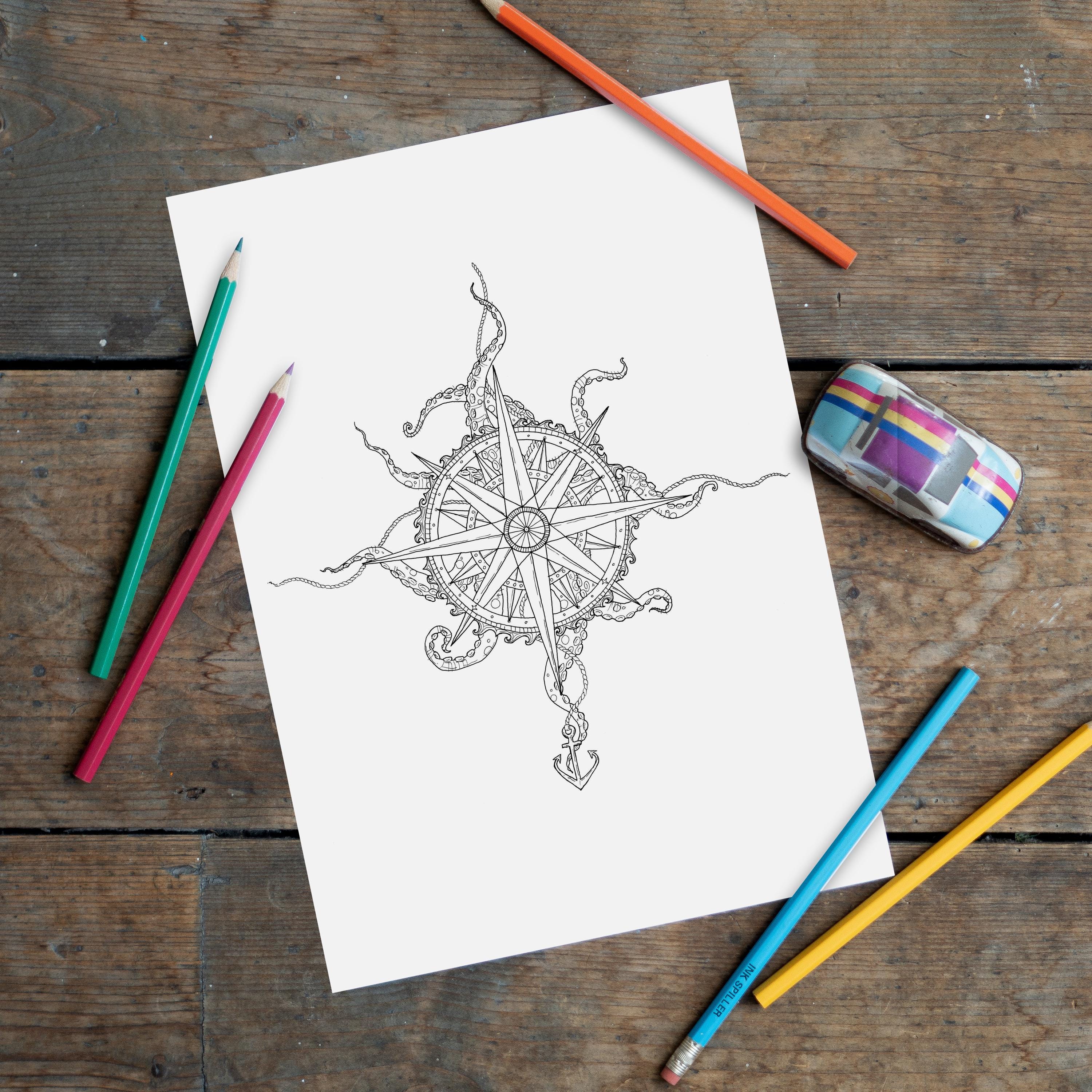 Nautical Compass A4 Printable Coloring Page for Adults, Mysteries of ...