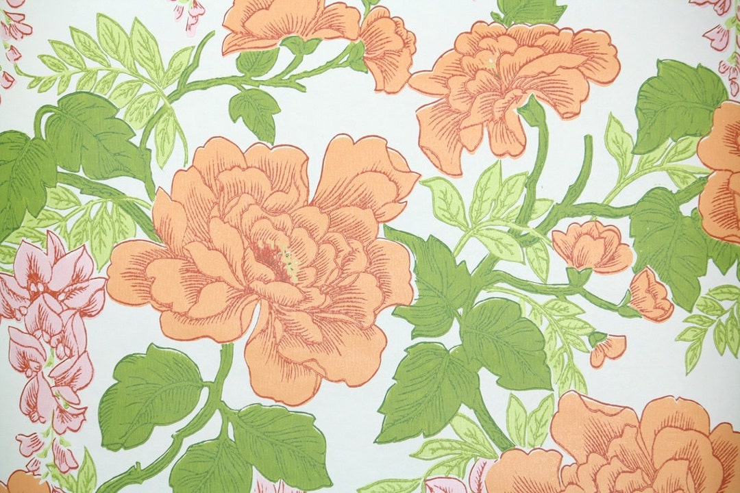 Retro Wallpaper by the Yard 70s Vintage Wallpaper - 1970s Pink Wisteria ...