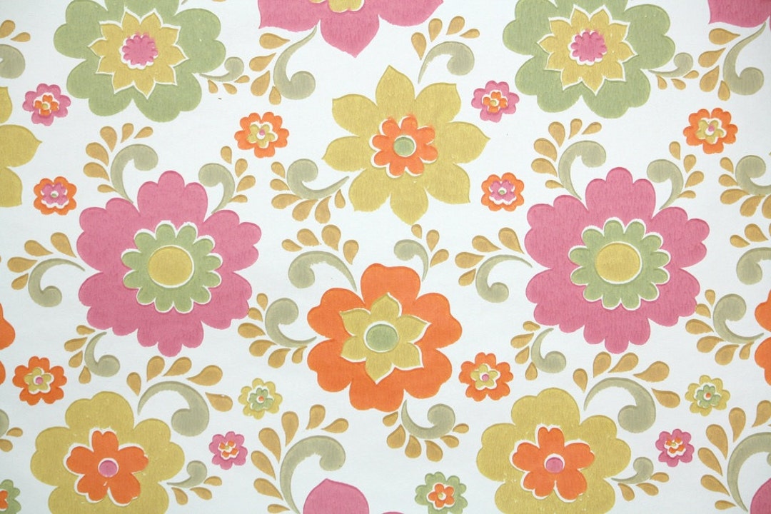 Retro Wallpaper by the Yard 60s Vintage Wallpaper - 1960s Orange Pink ...
