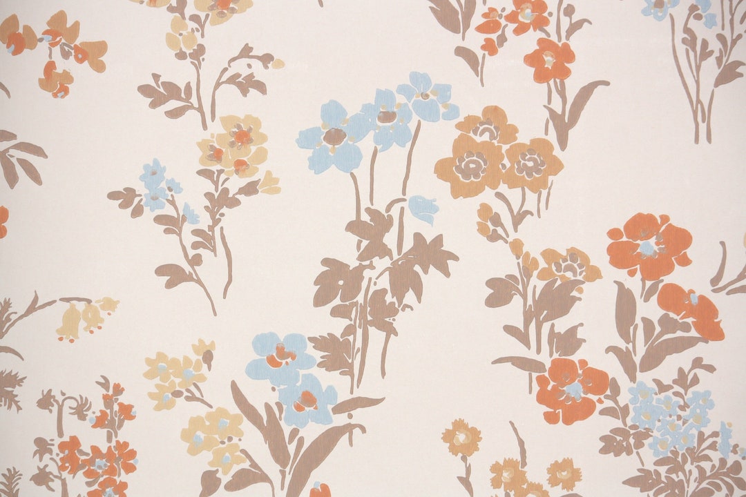 Retro Wallpaper by the Yard 70s Vintage Wallpaper - 1970s Floral, Blue ...