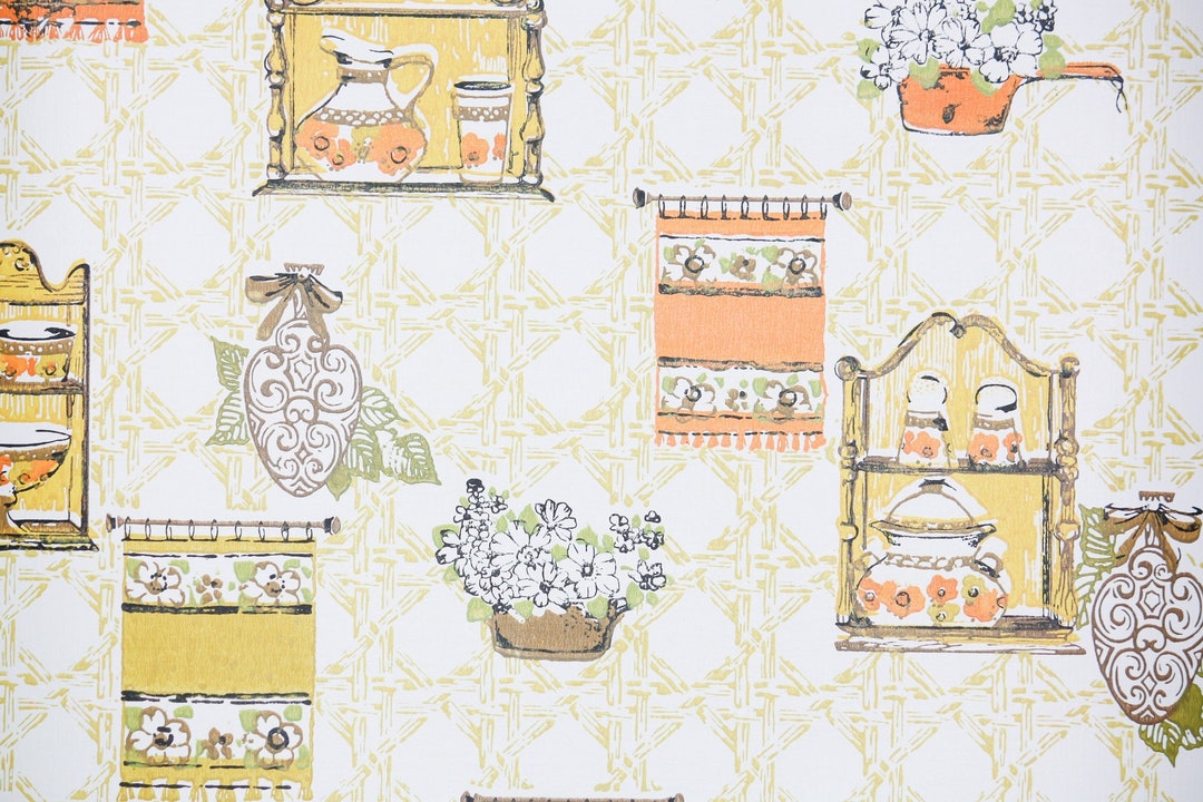 1970s Vintage Wallpaper by the Yard - Orange, Yellow, and White Kitchen ...