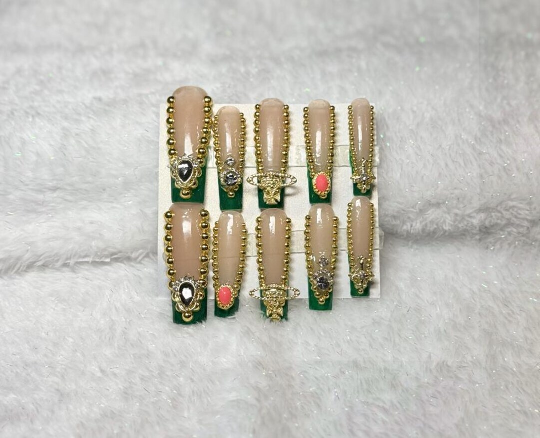 Glam Square Press-on Nails: Rhinestone Gold Embellishments, Reusable ...