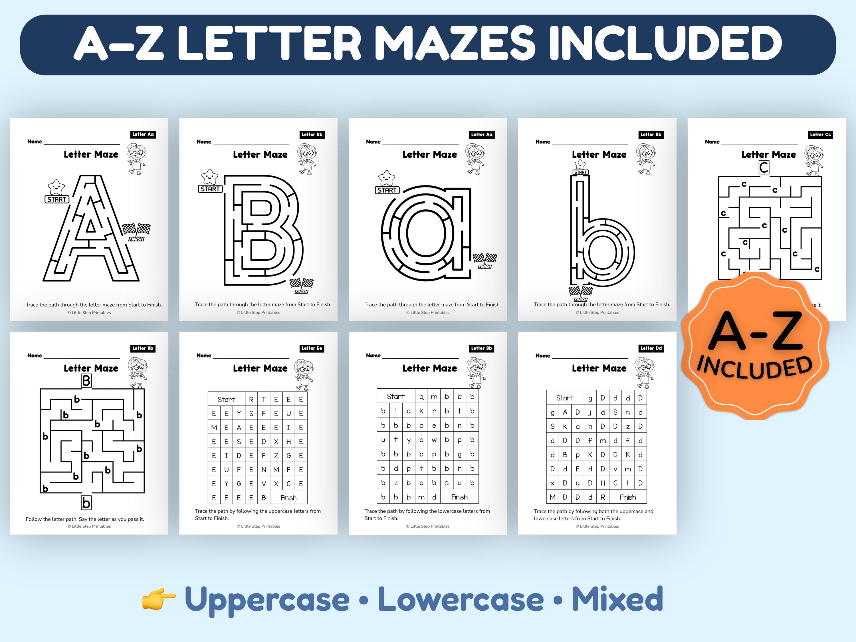 Alphabet Maze Worksheets A-Z Printable | Preschool Alphabet Activities ...