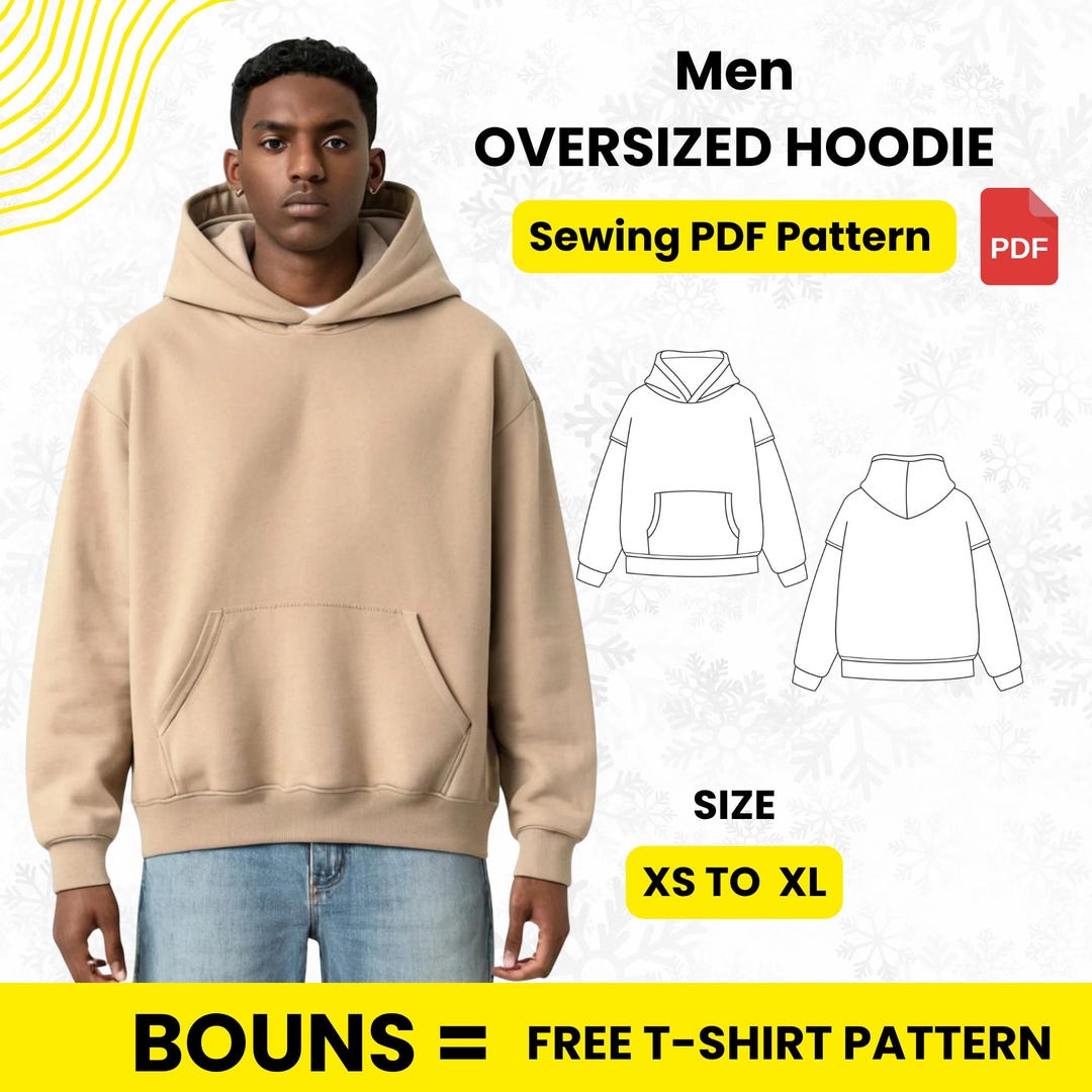 Men's Oversized Hoodie Sewing Pattern XS-XL + Free T-shirt (PDF Pattern ...
