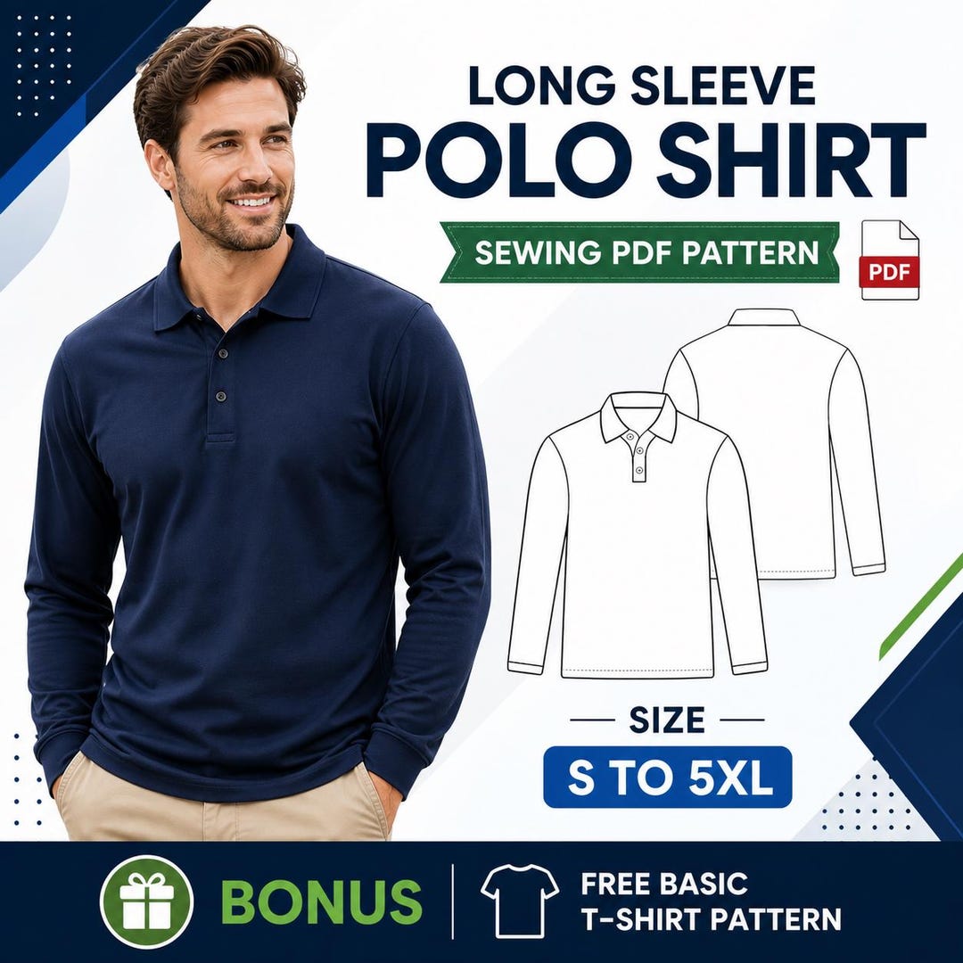 Men’s Polo Shirt Sewing Pattern PDF | Long Sleeve Polo Pattern S-5XL ...