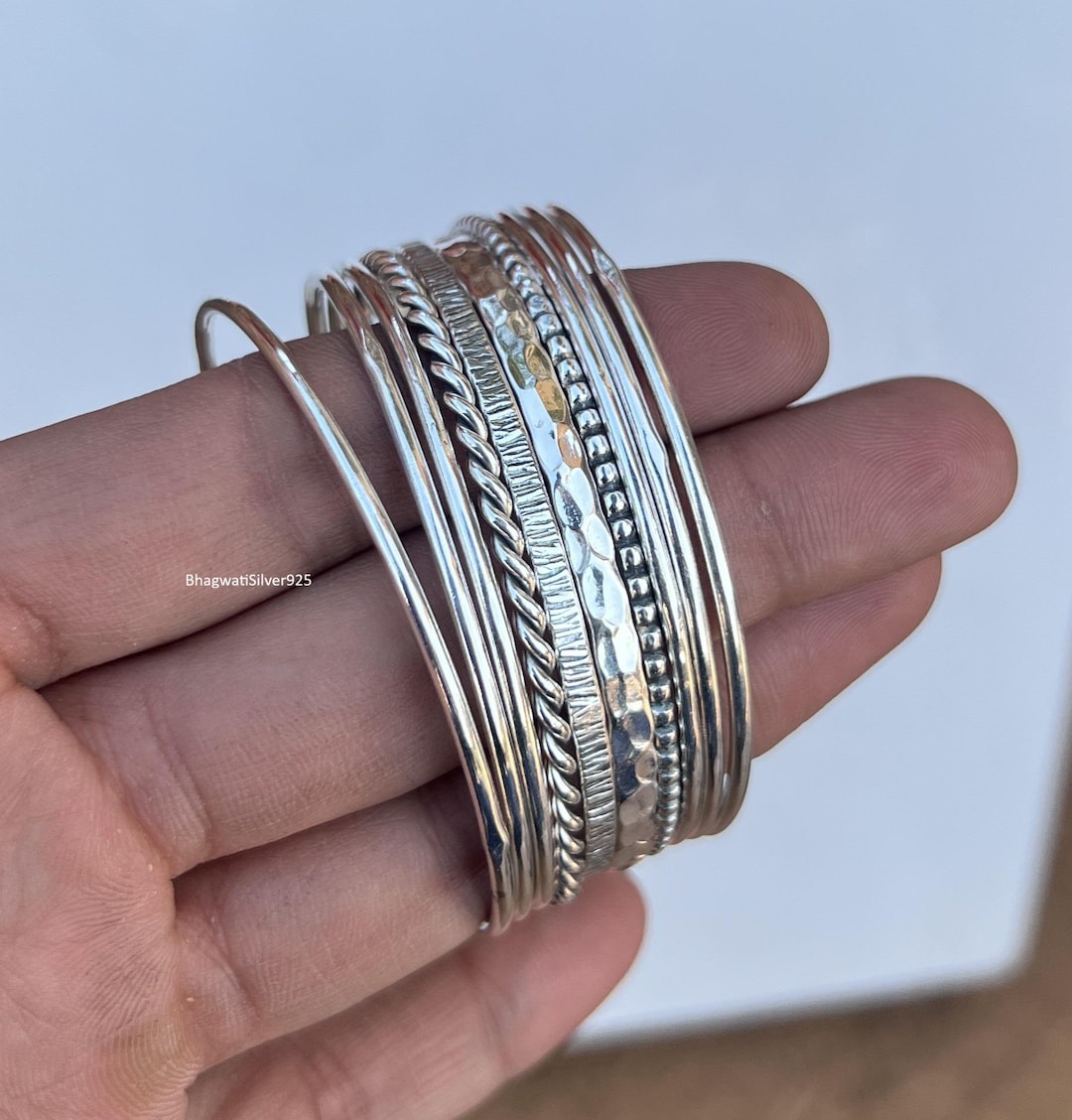 925 Sterling Silver 10 Set Bangles, Minimalist Bangle With Hammered ...