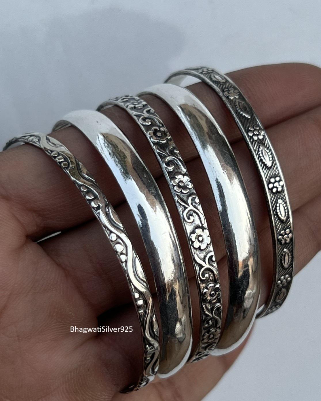 Sterling Silver Bangle Set, Textured Minimalist Boho Bangles - Etsy
