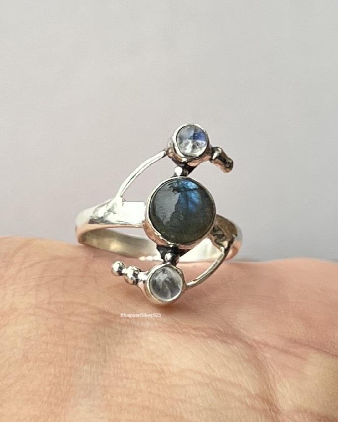 925 Sterling Silver Labradorite & Moonstone Designer Band Ring ...
