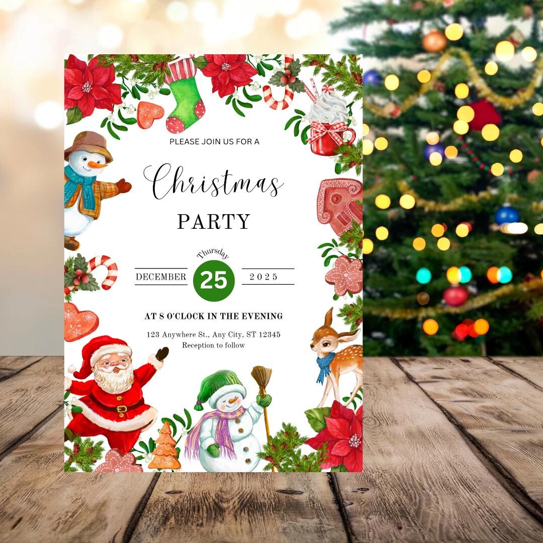 Christmas Party Invitation | Cute Holiday Invite | Santa & Snowman ...
