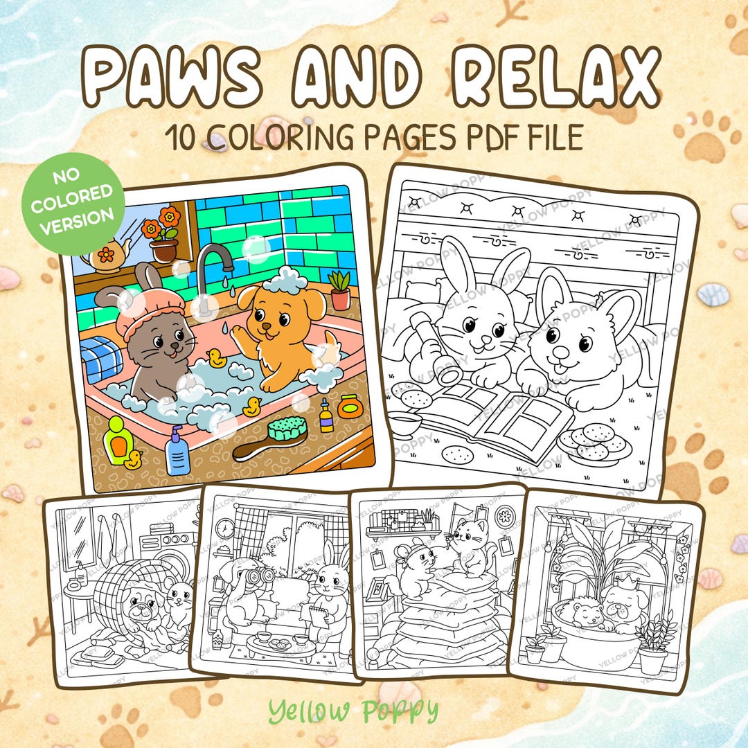 Paws and Relax Coloring Pages - Animals - 10 Page PDF File - Etsy