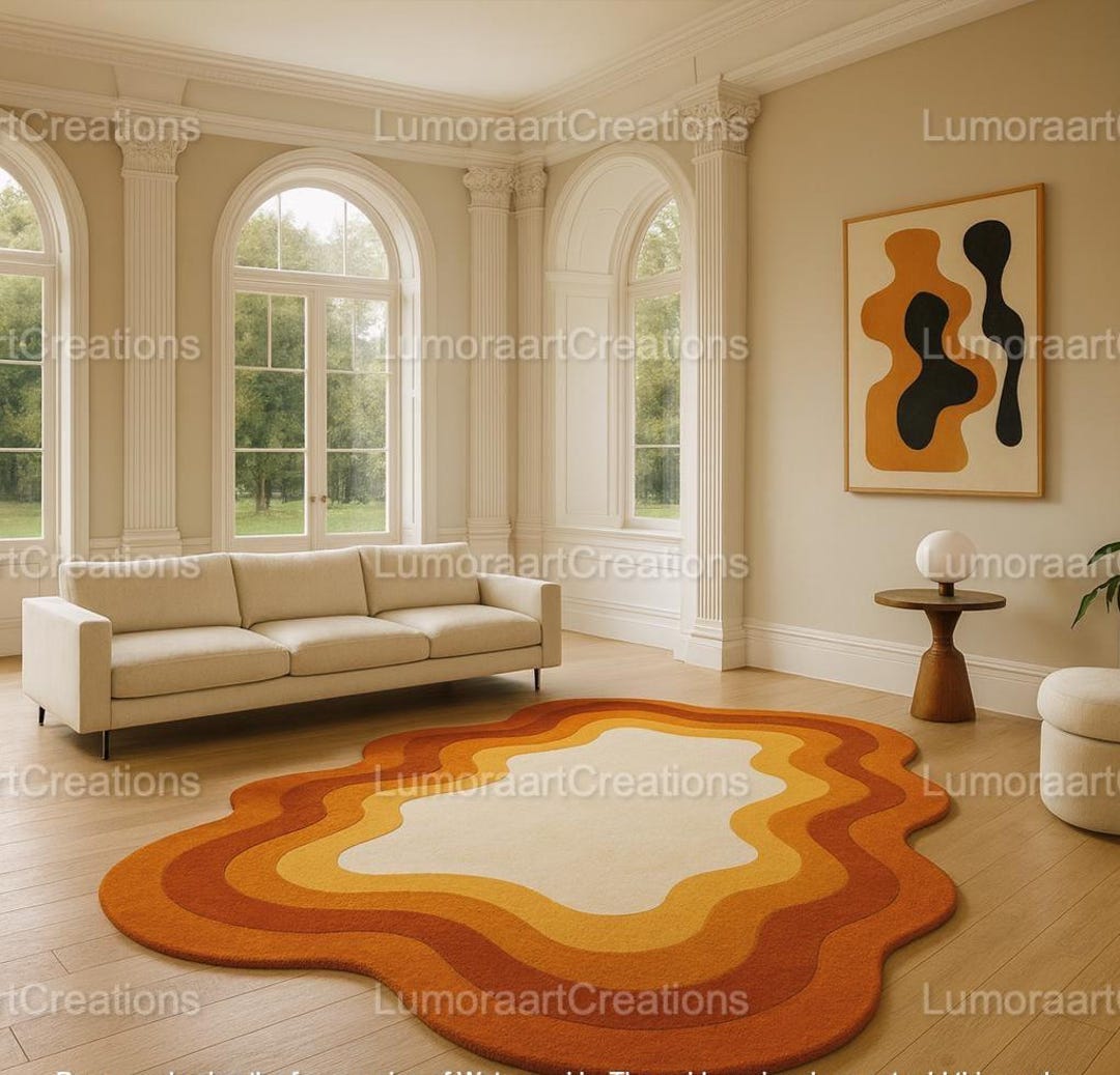 Retro Wavy Modern Rug | Groovy 70s Abstract Area Rug | Orange & Brown ...