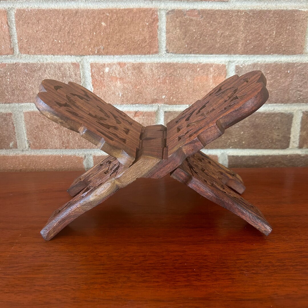 Vintage Carved Small Teak Wood Folding Book Stand Wood Bohemian Recipe ...