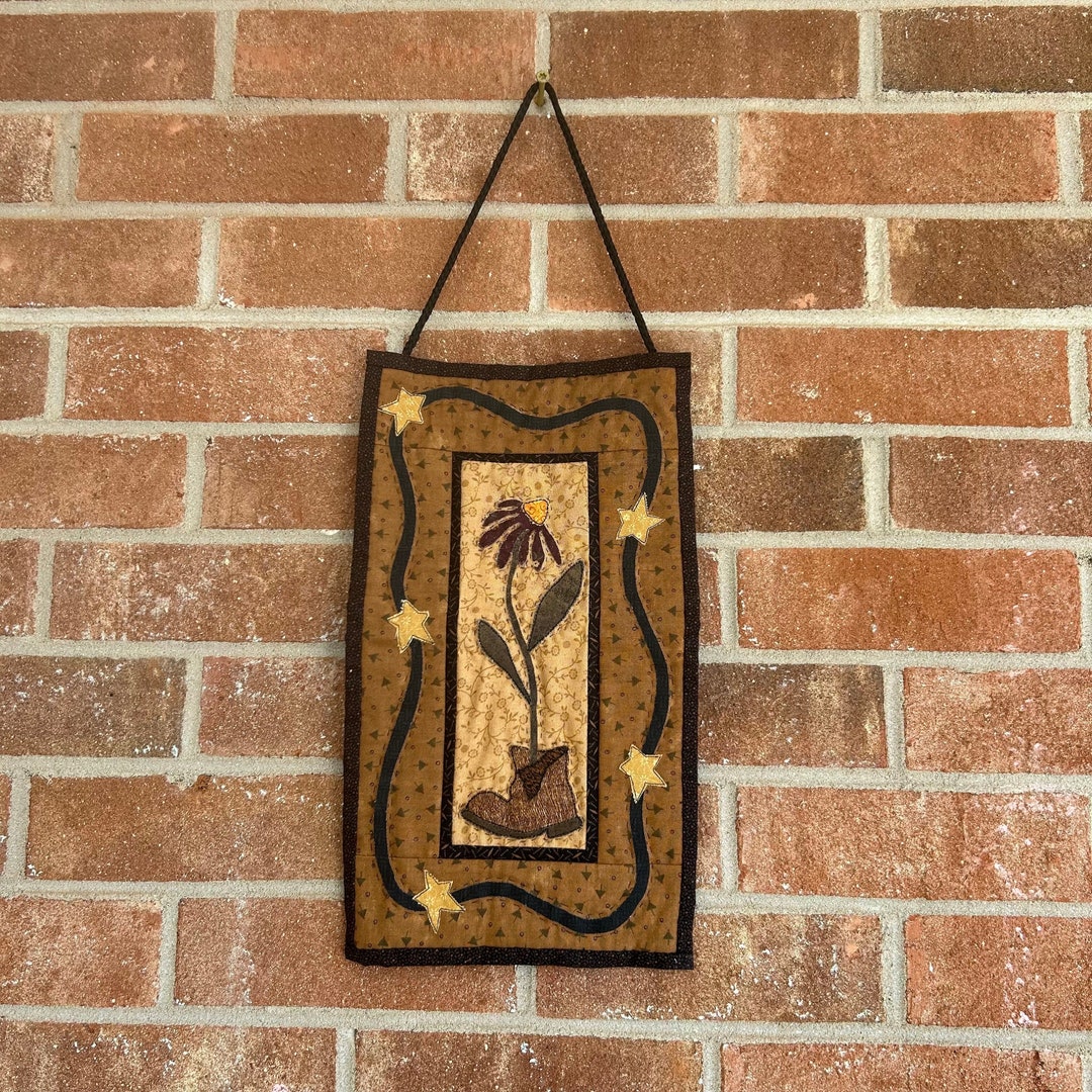 Handmade Quilted Folk Art Rectangle Wall Hanging, Neutral Brown Tone ...