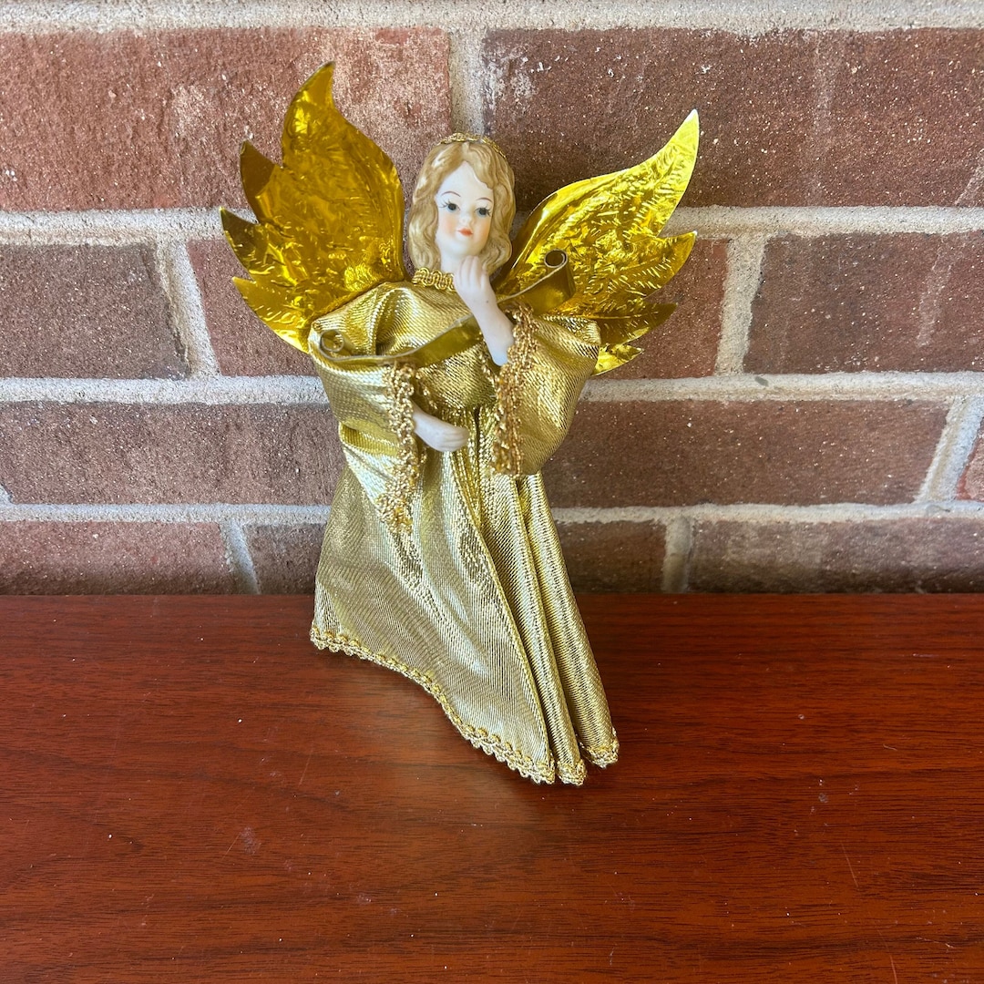 Vintage Porcelain Angel Tree Topper, Gold Dress and Wings, Christmas ...