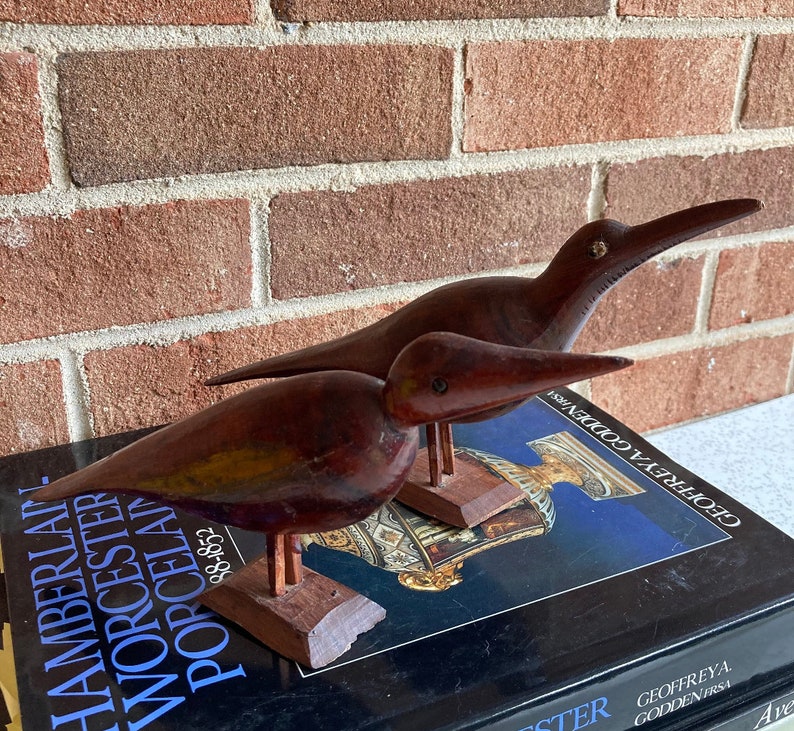 Vintage Wood Carved Shore Bird Figurines Family, Folk Art Carved Bird ...