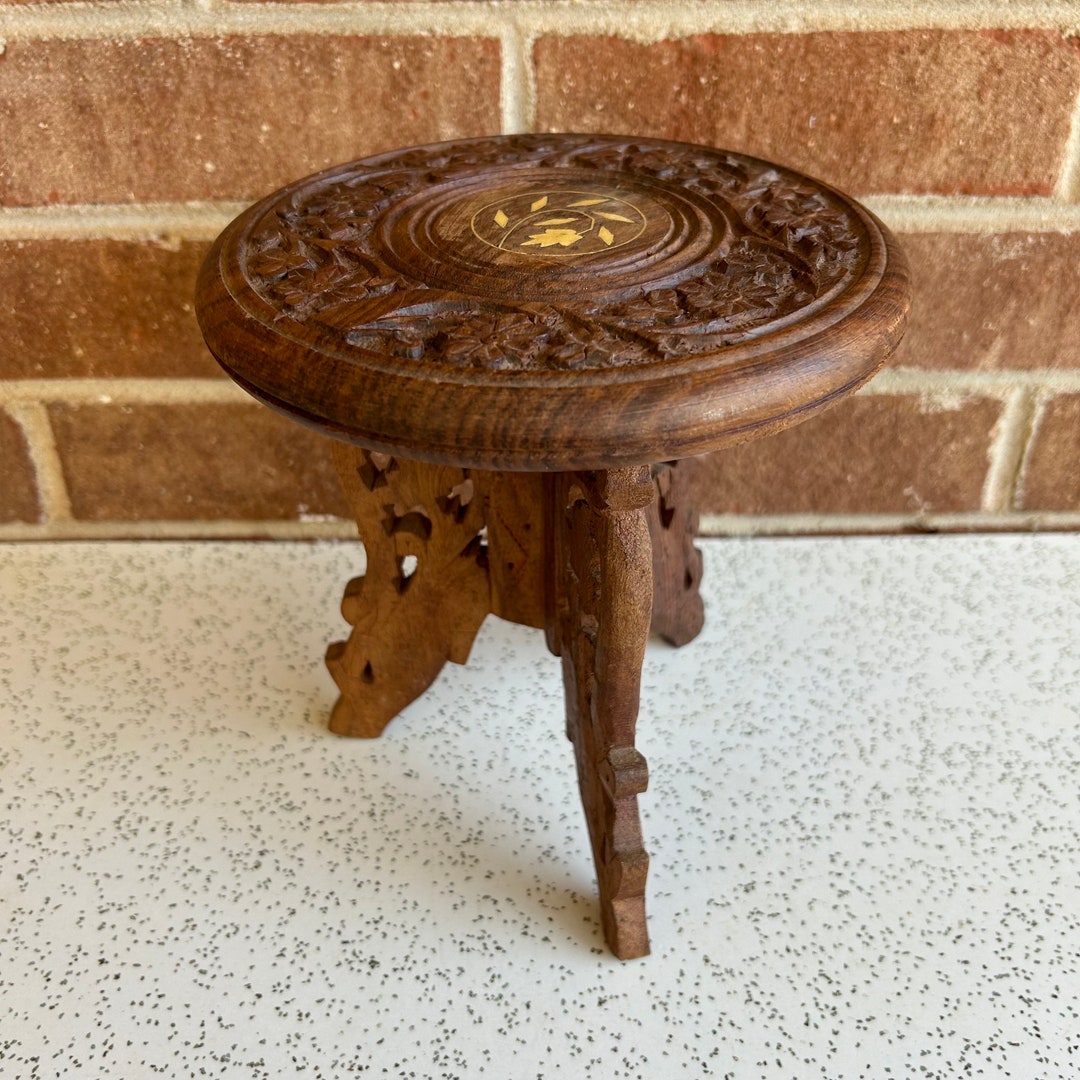 Vintage Teak Carved Plant Stand, Small Boho Wood Collapsible Teak Table ...