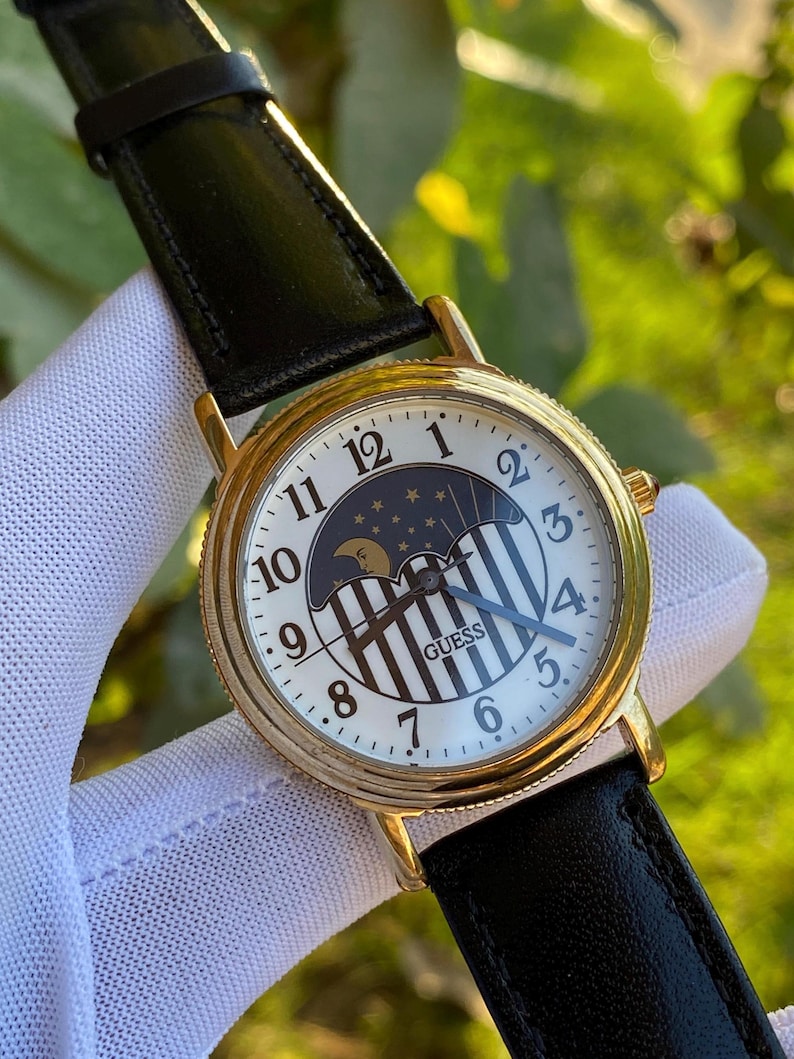 Vintage Guess Sun-moonphase Quartz Watch Japan Movement Gold Plated ...