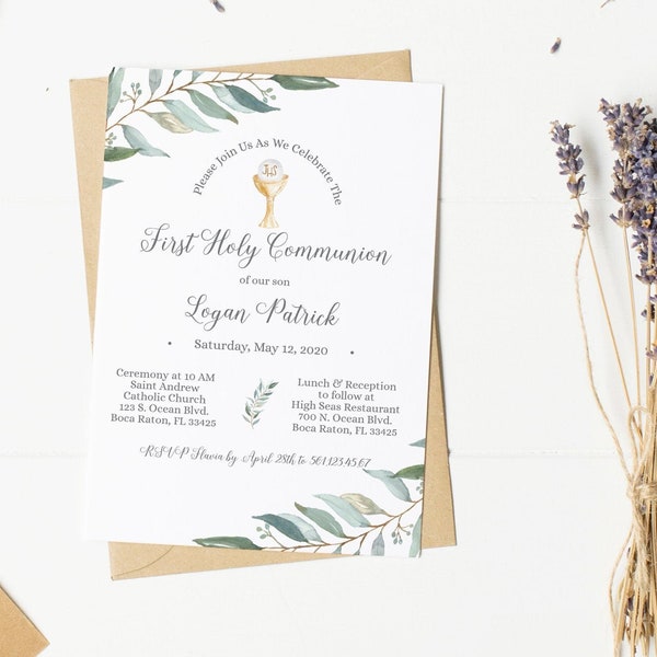 Green Communion Invitation - Etsy
