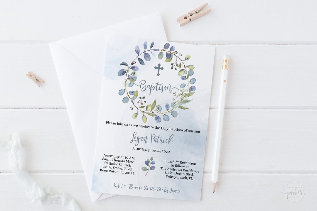Editable Printable Baby Boy Baptism Invitation • Watercolor Background ...