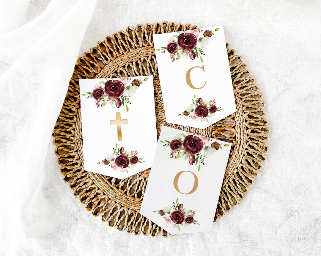 Congratulations Banner for Confirmation • Burgundy Pink Gold Floral ...