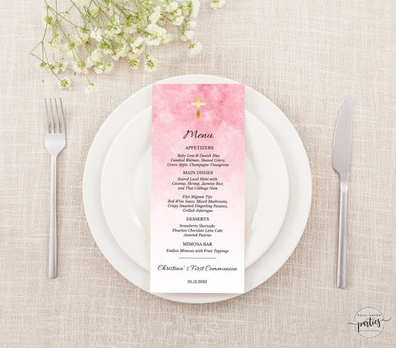 Girl's First Communion Menu Card Editable • Minimalist Design • Pink ...