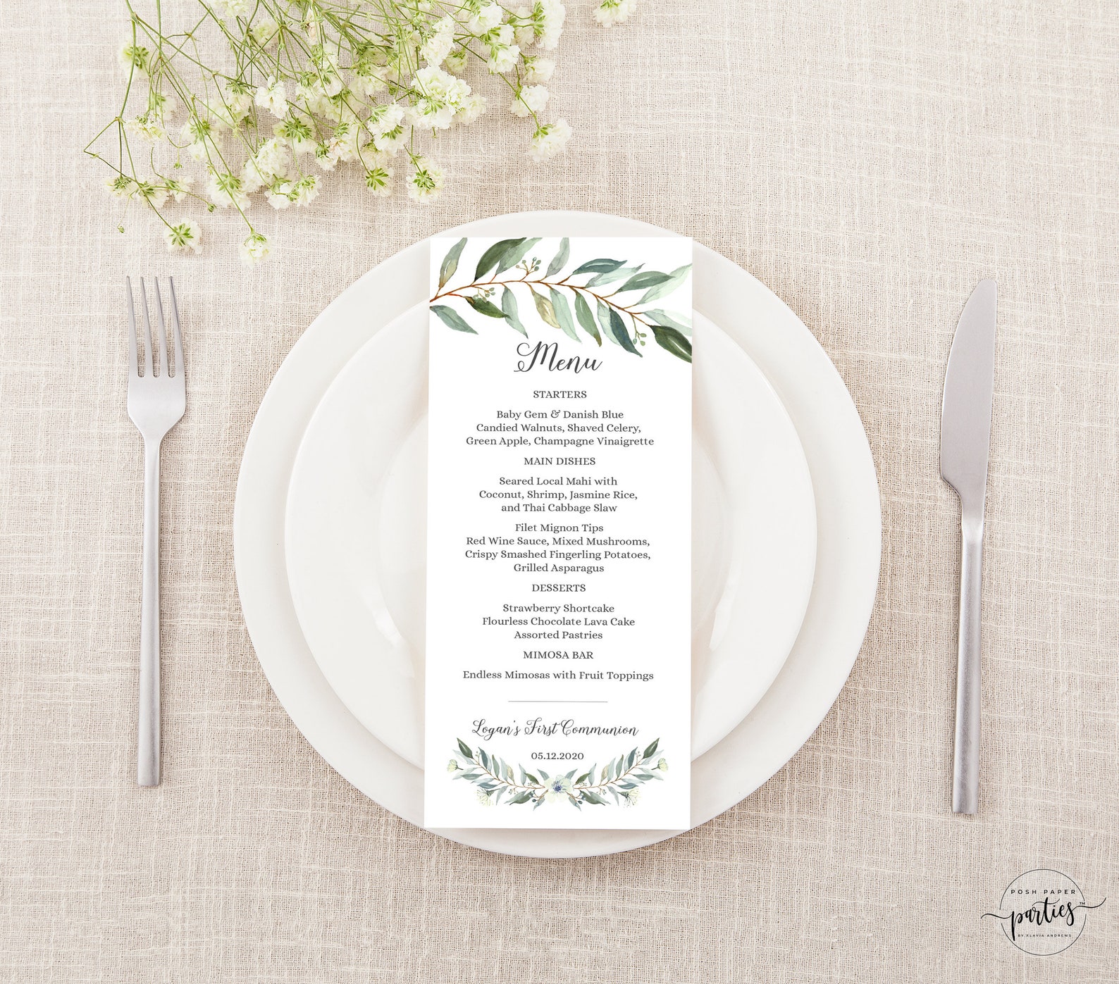 Buy Editable Boy's First Communion Menu Card • Watercolor Leaves ...