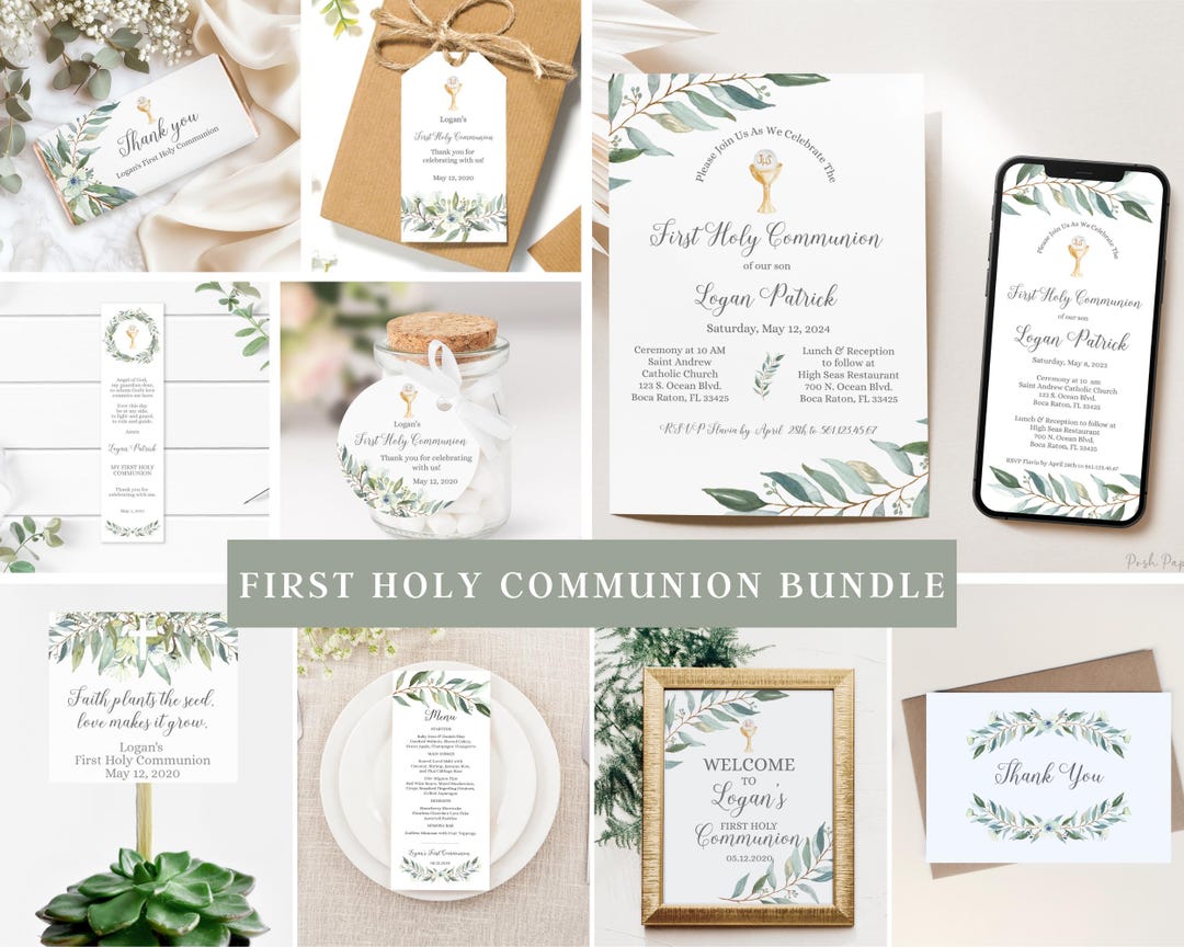 First Holy Communion Party Bundle, Watercolor Green Palm Leaves ...