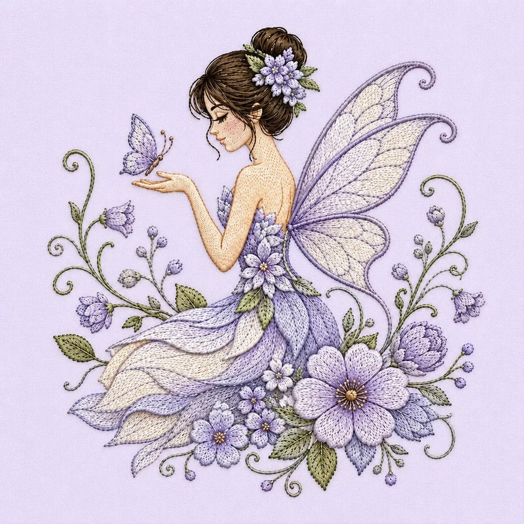 Purple Fairy Embroidery Design, Whimsical Floral Butterfly Stitch Art ...