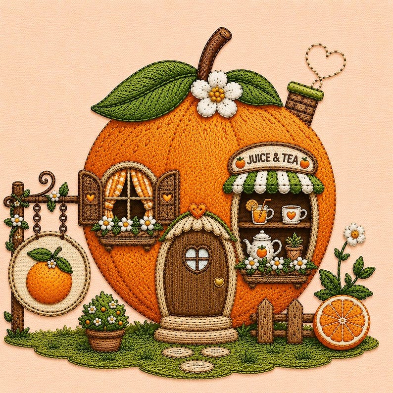 Orange Cottage Embroidery Design: Whimsical Fruit House (digital ...