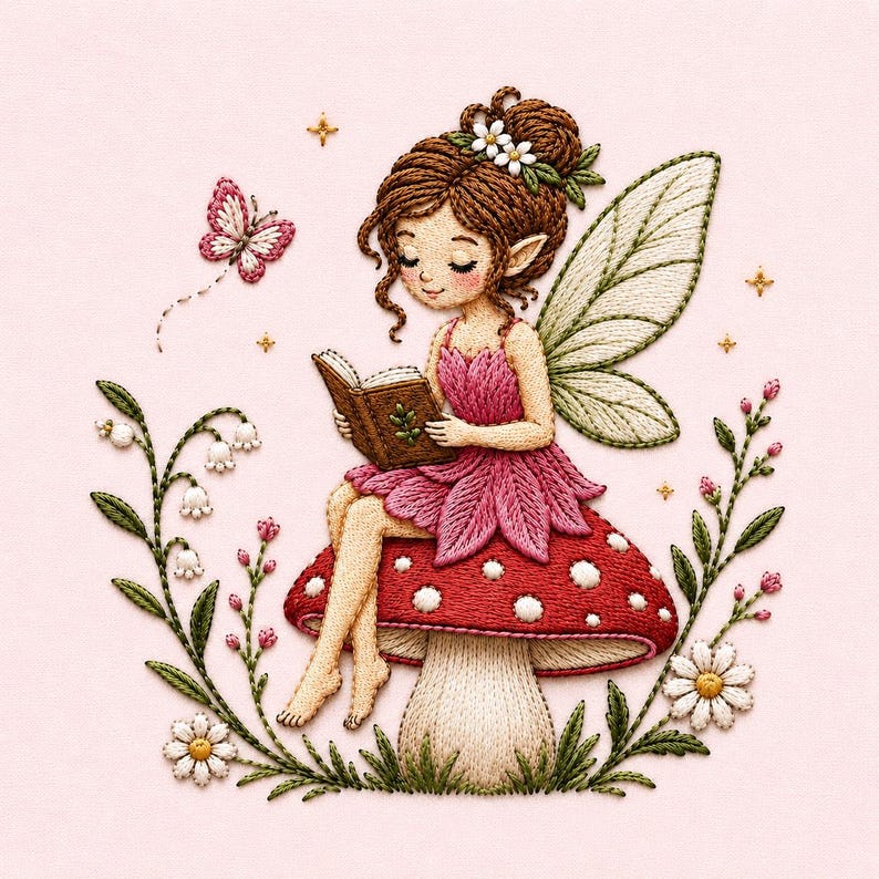 Reading Fairy Embroidery Design: Fantasy Garden Mushroom Machine File ...