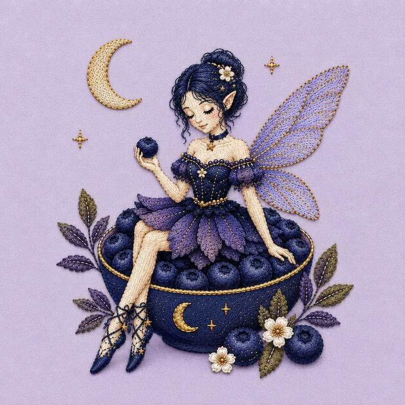 Blueberry Fairy Embroidery Design, Celestial Fantasy Machine Embroidery ...