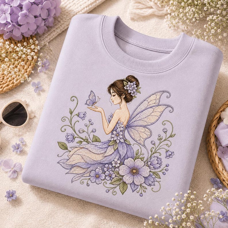 Purple Fairy Embroidery Design, Whimsical Floral Butterfly Stitch Art ...