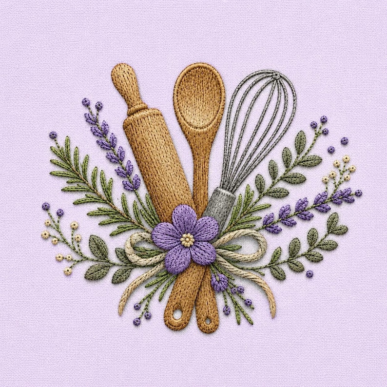 Floral Baking Utensils Embroidery Design, Lavender Kitchen Machine ...