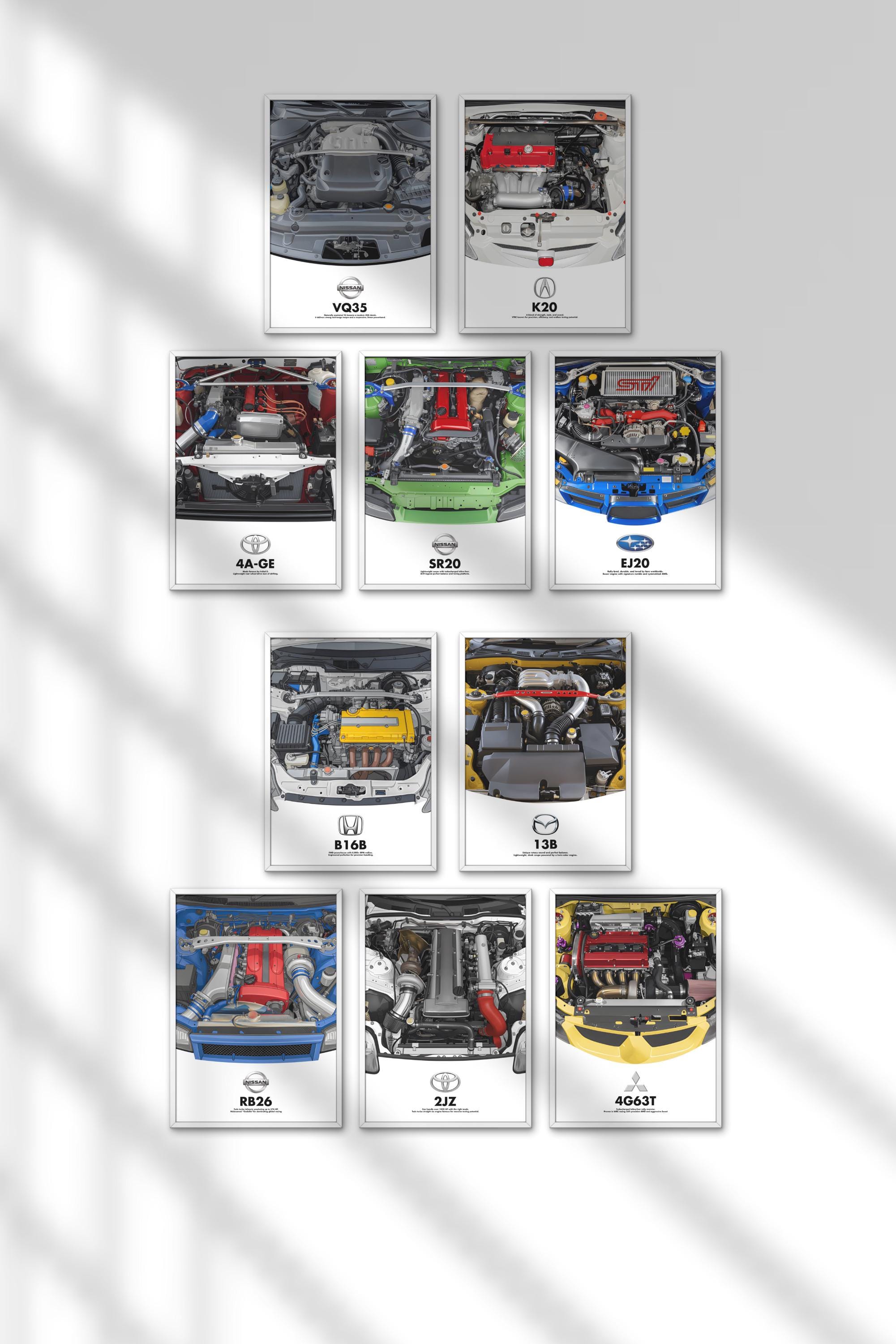 10 JDM Engine Blueprint Layout Poster Bundle: Japanese Car Art (digital ...