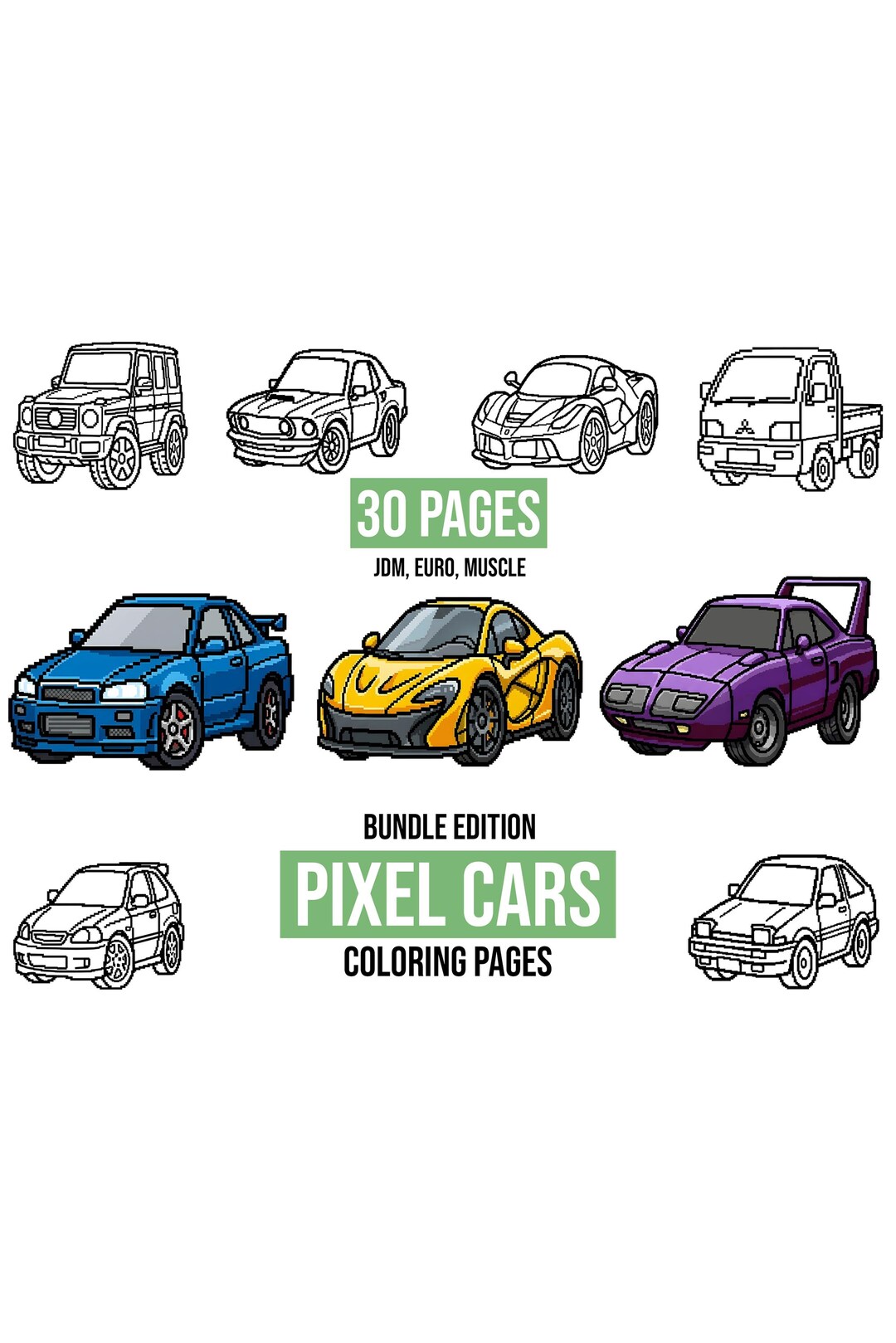 30 Pixel Car Coloring Pages – JDM, Euro, Muscle Cars (digital Download ...