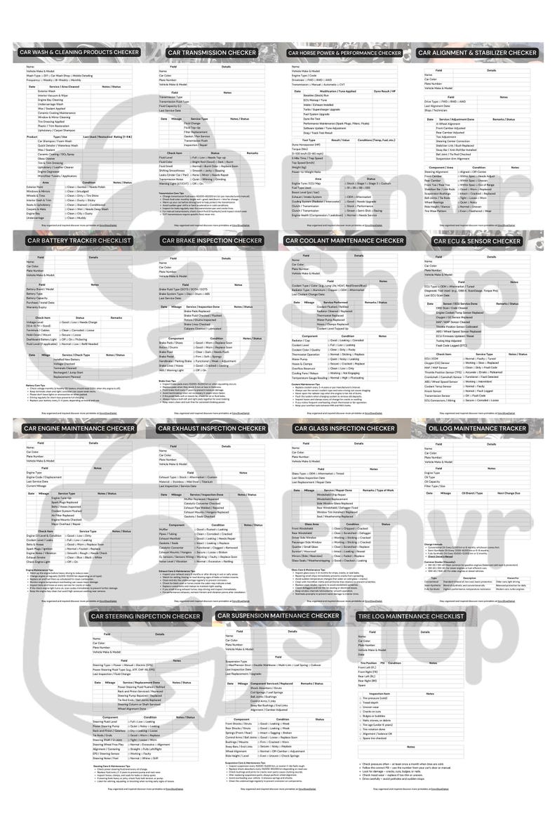 Car Engine Maintenance Checklist: Printable Car Tracker (canva & PDF ...