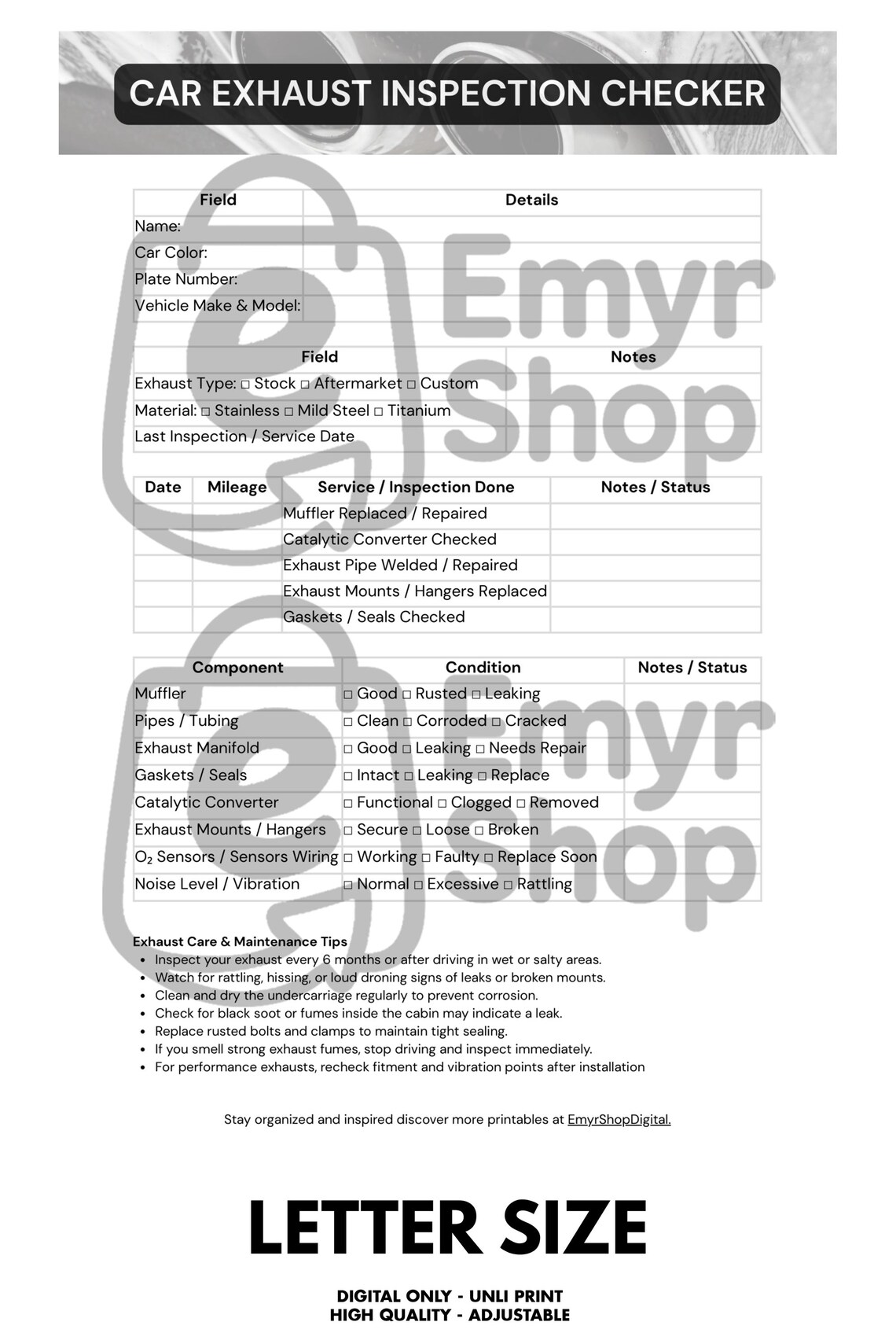 Car Exhaust System Log Checker: Printable Mechanic Checklist (canva ...