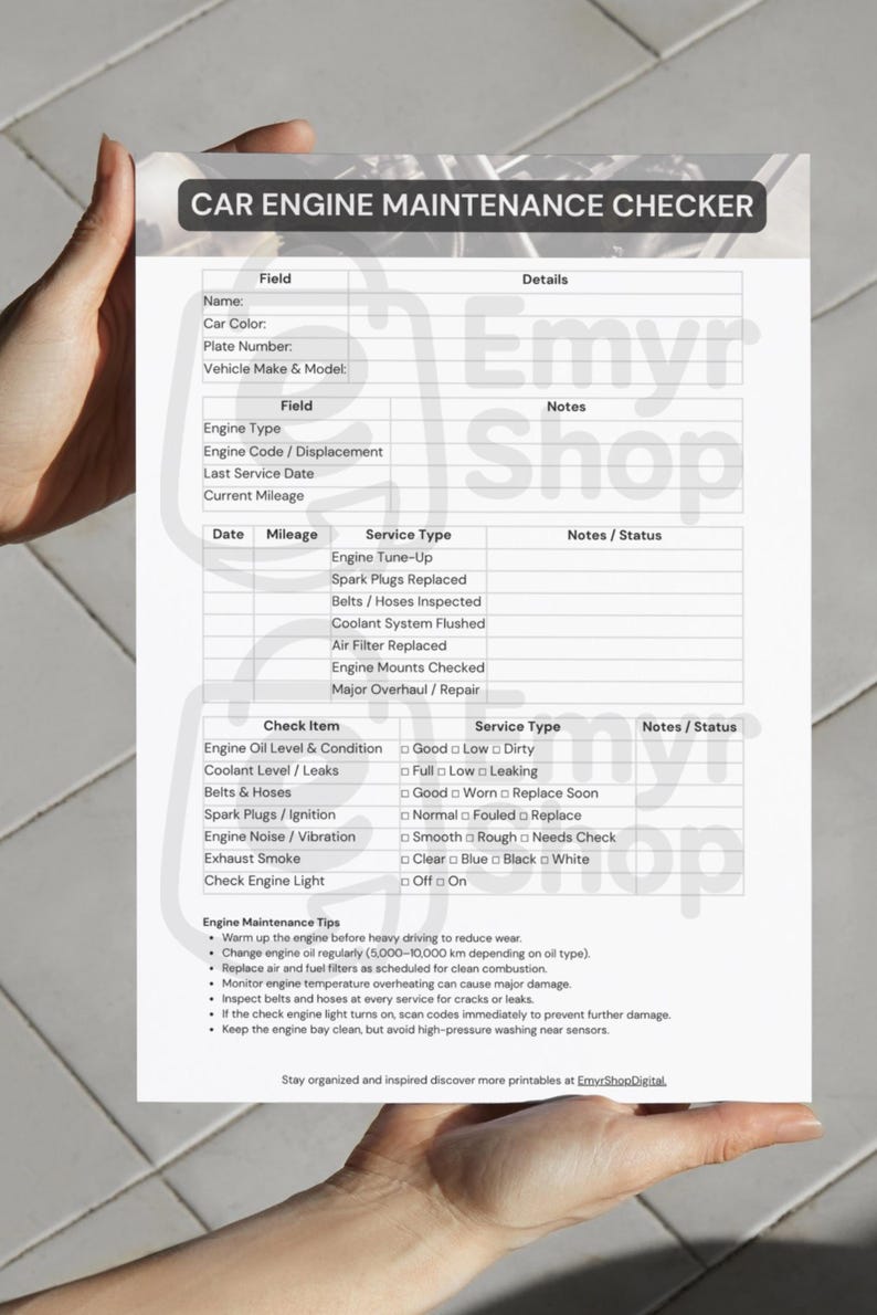 Car Engine Maintenance Checklist: Printable Car Tracker (PDF) - Etsy