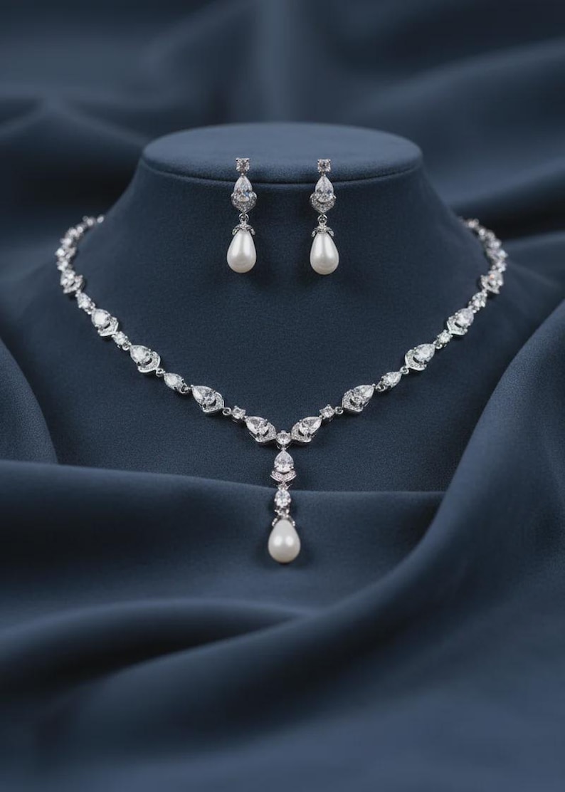 Pearl Teardrop Bridal Set | Elegant V Line Necklace Set - Etsy