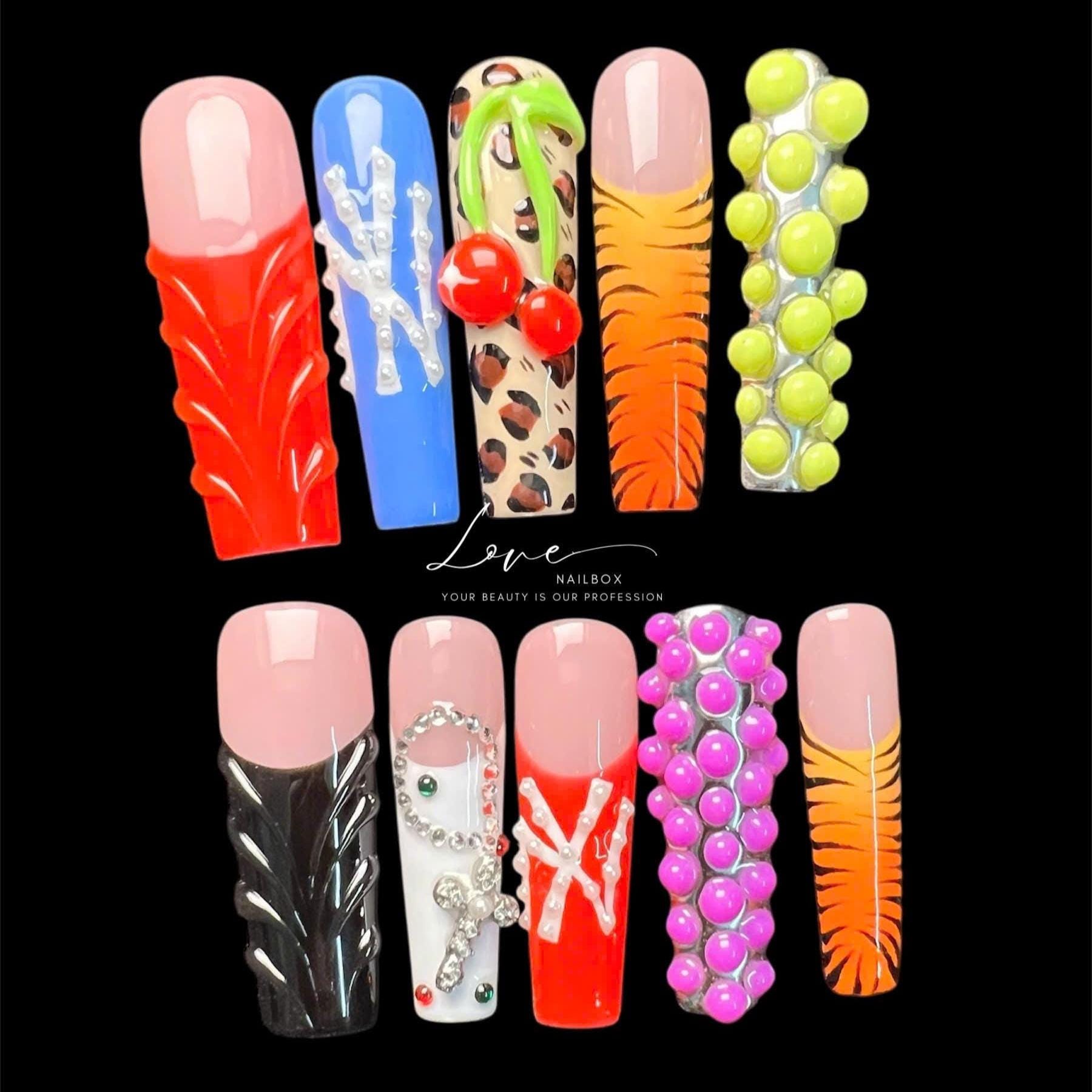Handmade 3D Texture Press-on Nails | Colorful XL Square Nail Art - Etsy
