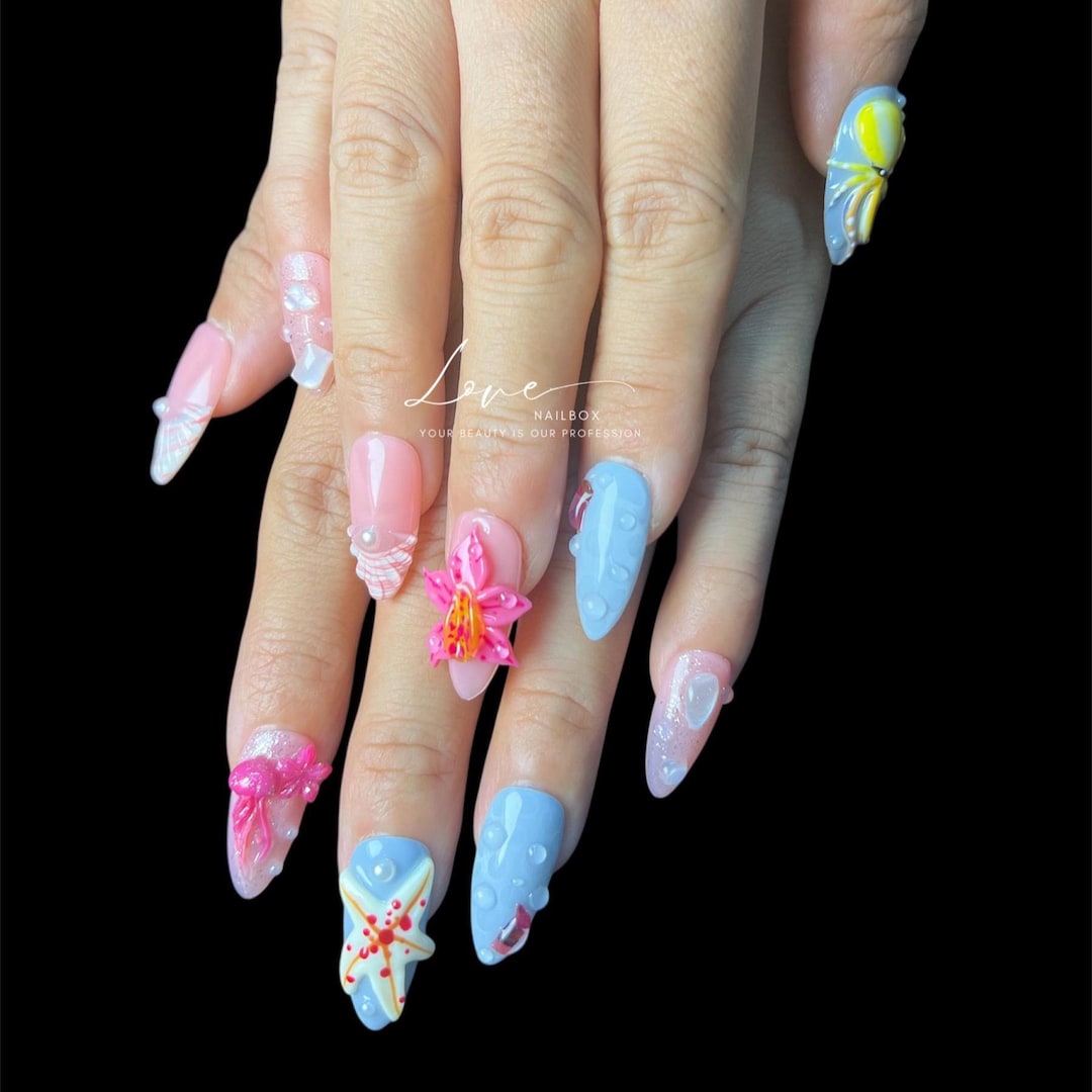 3D Ocean Press on Nails, Octopus Starfish Shell Nail Art, Handmade - Etsy