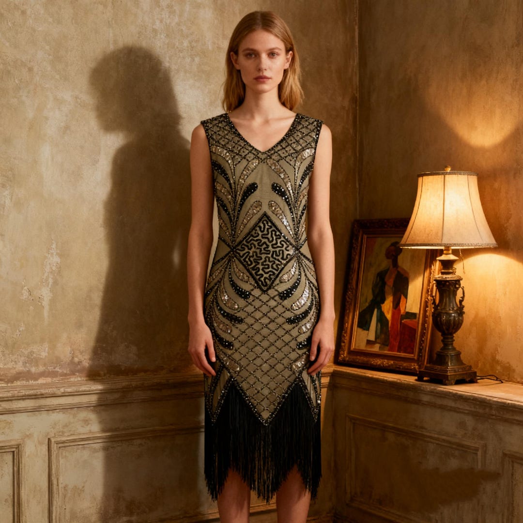 Beige Art Deco Fringe Flapper Dress – for Roaring Twenties Theme ...