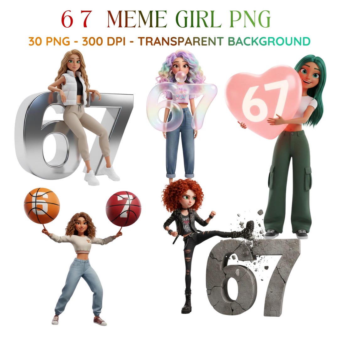 67 Meme Girl PNG Bundle – Trendy 3D Girls With 67 Numbers – Digital ...