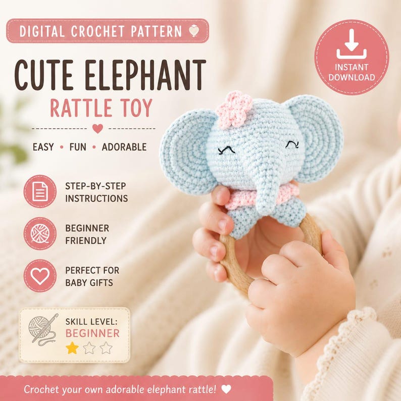 Crochet Elephant Rattle Pattern, Amigurumi Toy, Baby Gift, PDF Download ...
