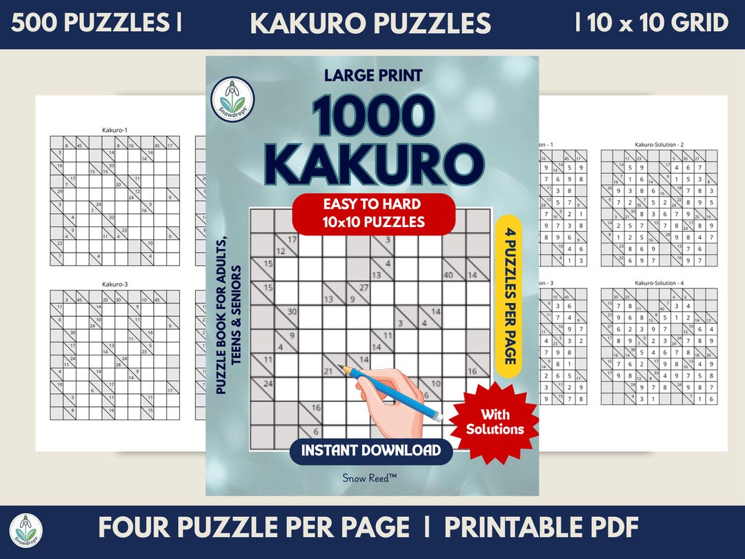 1000 Kakuro Puzzles – Easy to Hard Logic Game With Solutions (printable ...