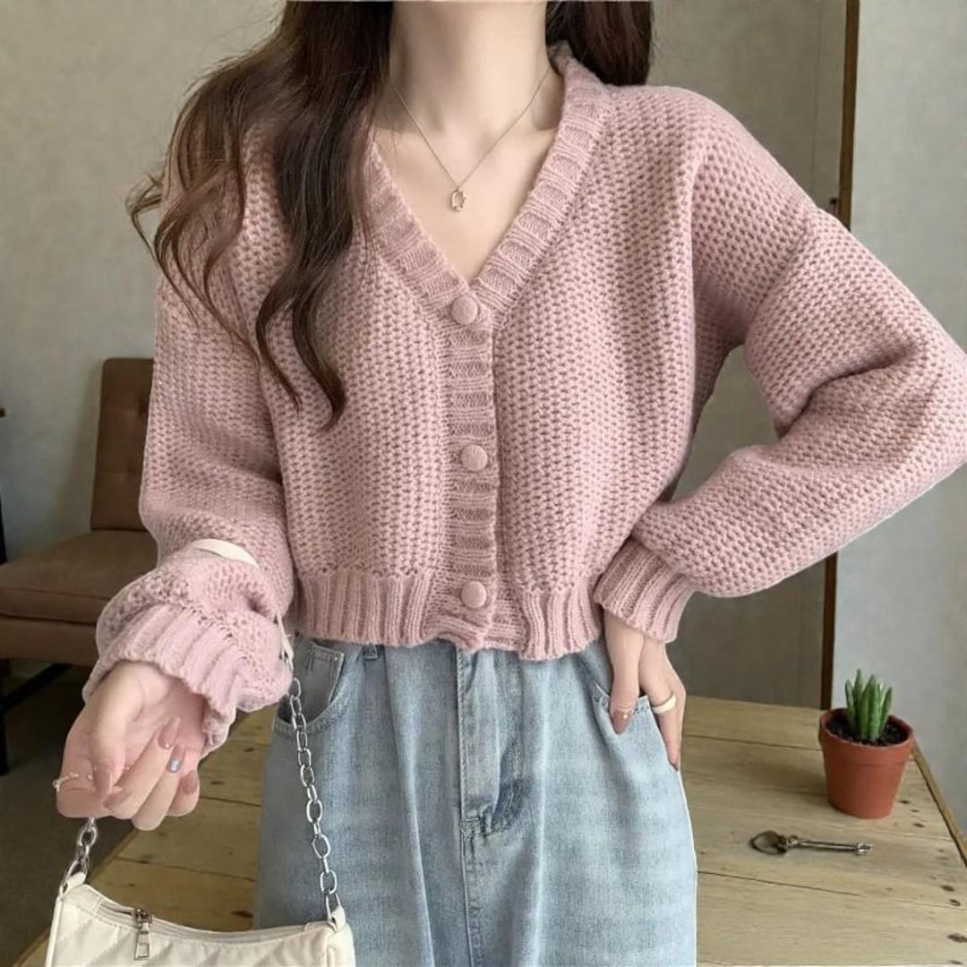 Cropped Knit Cardigan: V-neck Button Front, Cozy Long Sleeve - Etsy