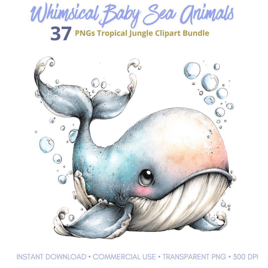 Whimsical Baby Sea Animals Clipart: PNG 37 Cute Ocean Animals ...