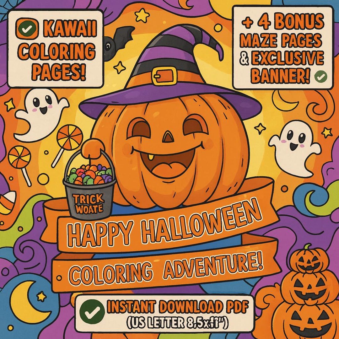Kawaii Halloween Coloring Pages for Kids – Cute Pumpkin & Ghost ...