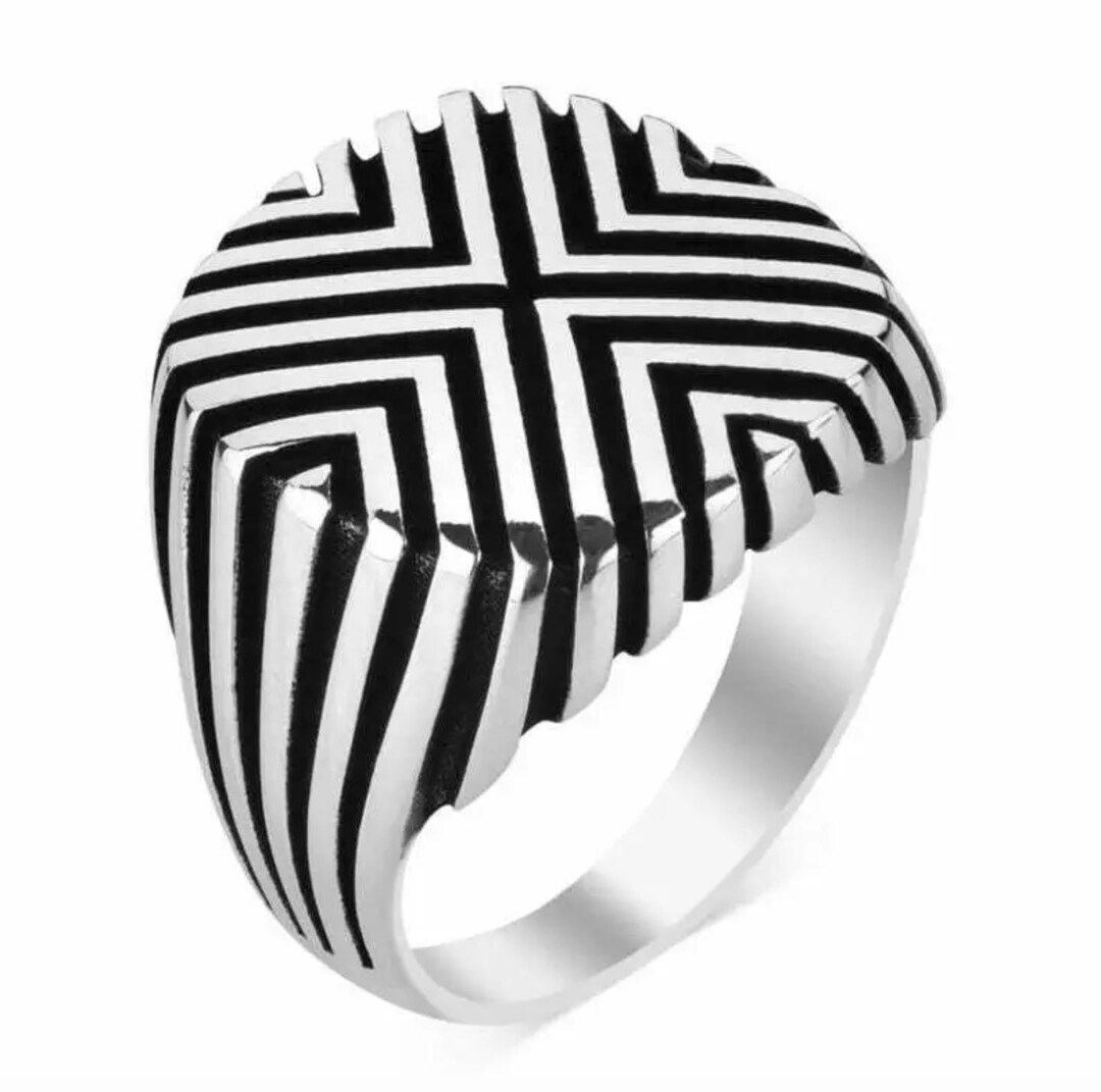 Wide Band Silver Optical Illusion Ring, Geometric Artistry (handmade ...