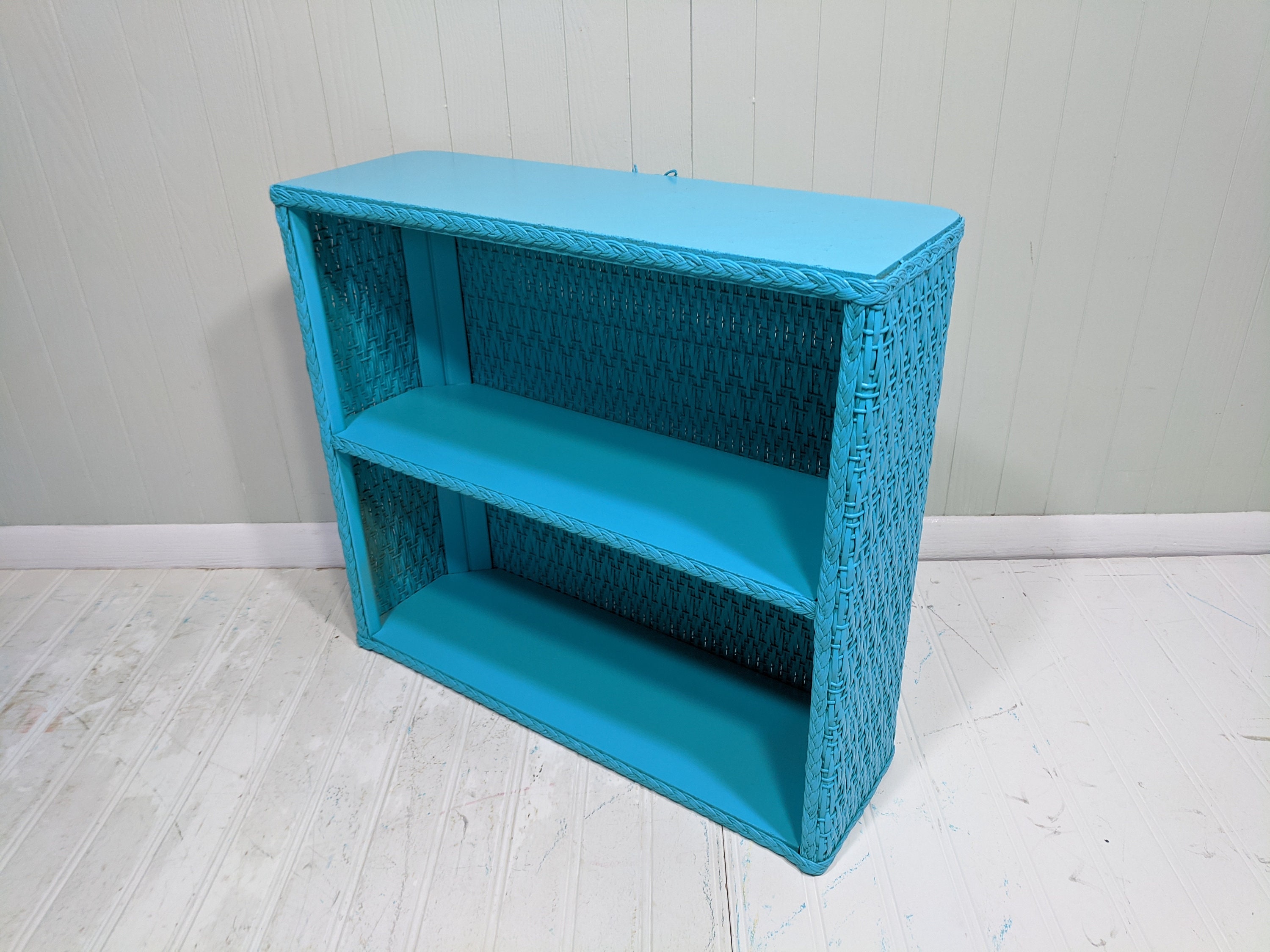 Turquoise Wicker Shelf Wall Hanging Vintage Wood and Wicker Shelving ...